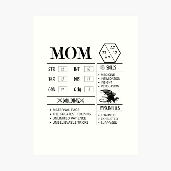 "Mom Character Sheet | Dungeons And Dragons Funny Design" Art Print for ...