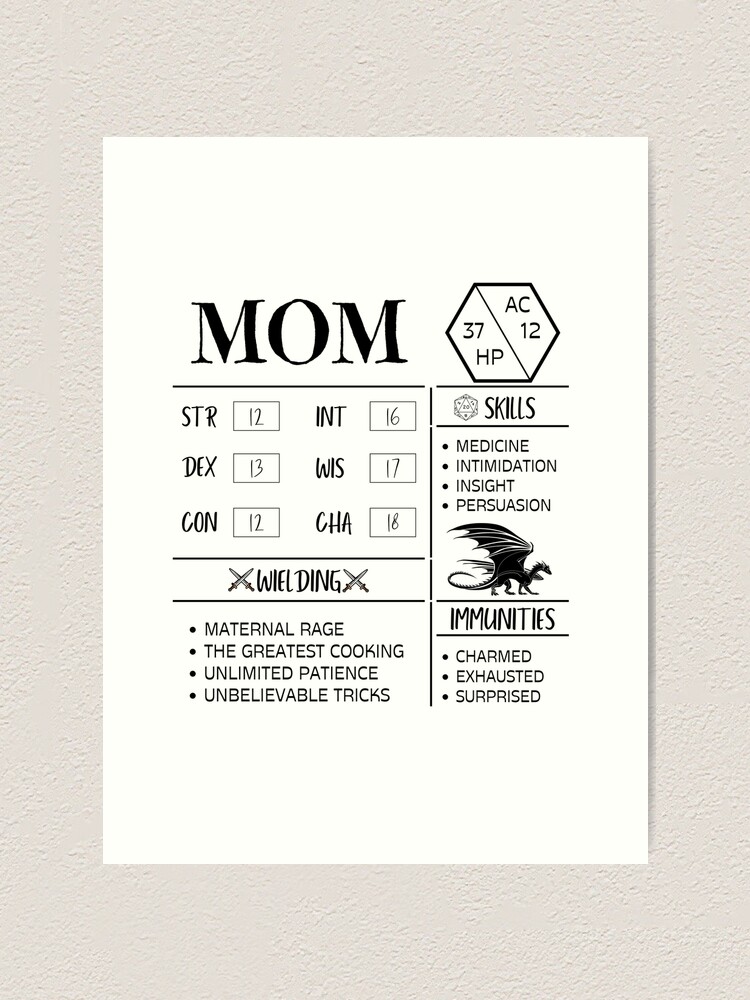 "Mom Character Sheet | Dungeons And Dragons Funny Design" Art Print for ...