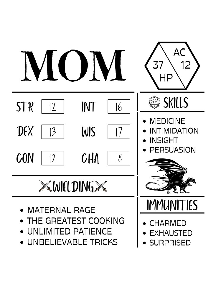 "Mom Character Sheet | Dungeons And Dragons Funny Design" Art Print for ...