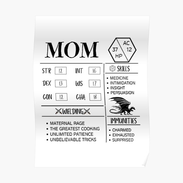 "Mom Character Sheet | Dungeons And Dragons Funny Design" Poster for ...