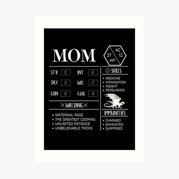"Mom Character Sheet | Dungeons And Dragons Funny Design" Art Print for ...