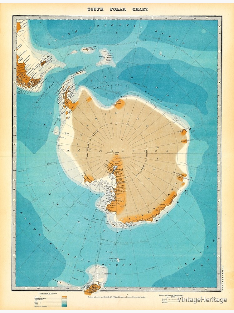 "Vintage Antarctica Exploration Routes Map (1912) by Johnston" Poster ...