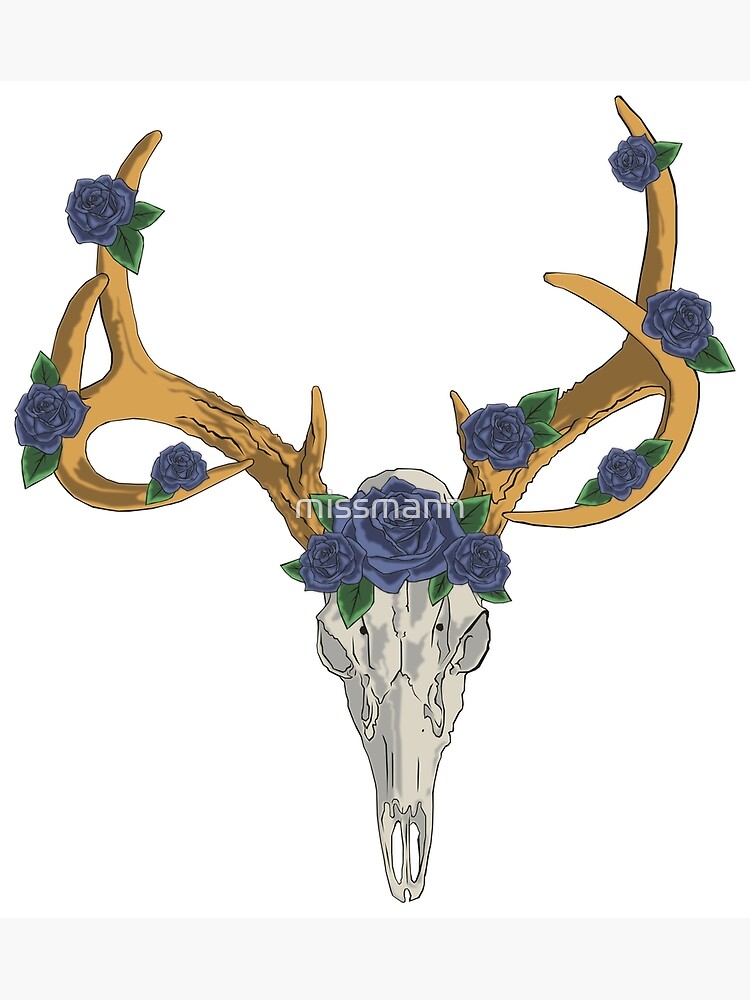 "Deer Skull with Blue Roses" Framed Art Print for Sale by missmann ...
