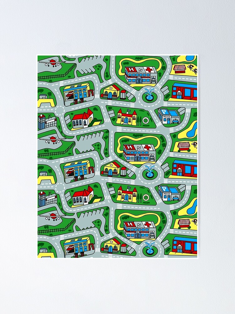 "Car city carpet rug road nostalgia 90s playmat fun retro map" Poster ...