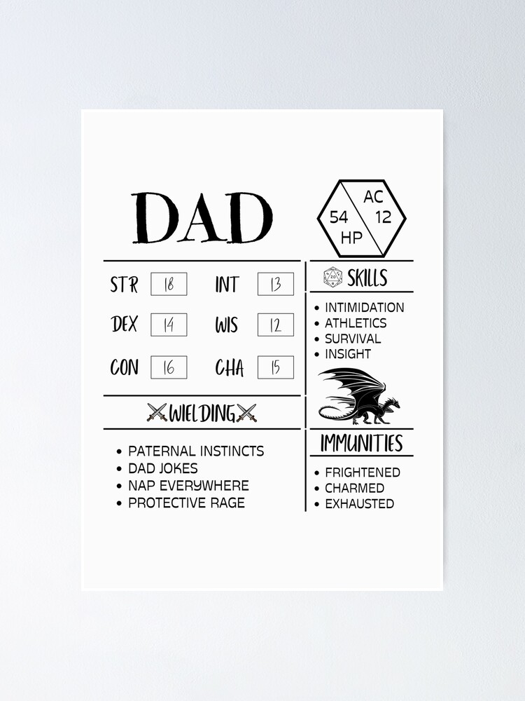 "Dad Character Sheet | Dungeons And Dragons Funny Design" Poster for ...