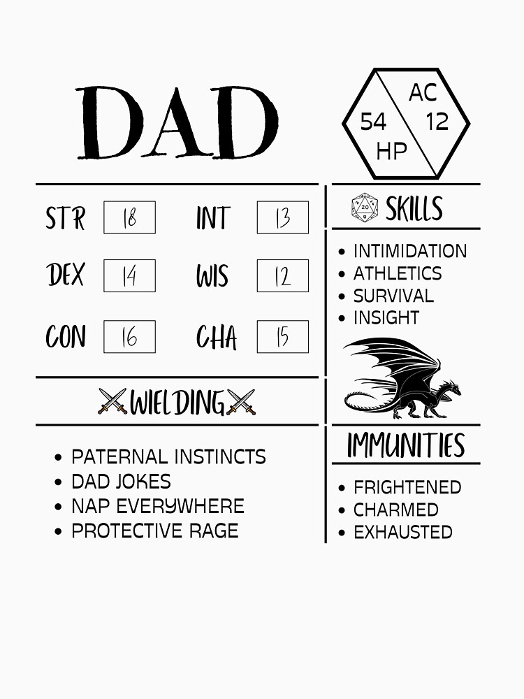 "Dad Character Sheet | Dungeons And Dragons Funny Design" T-shirt for ...