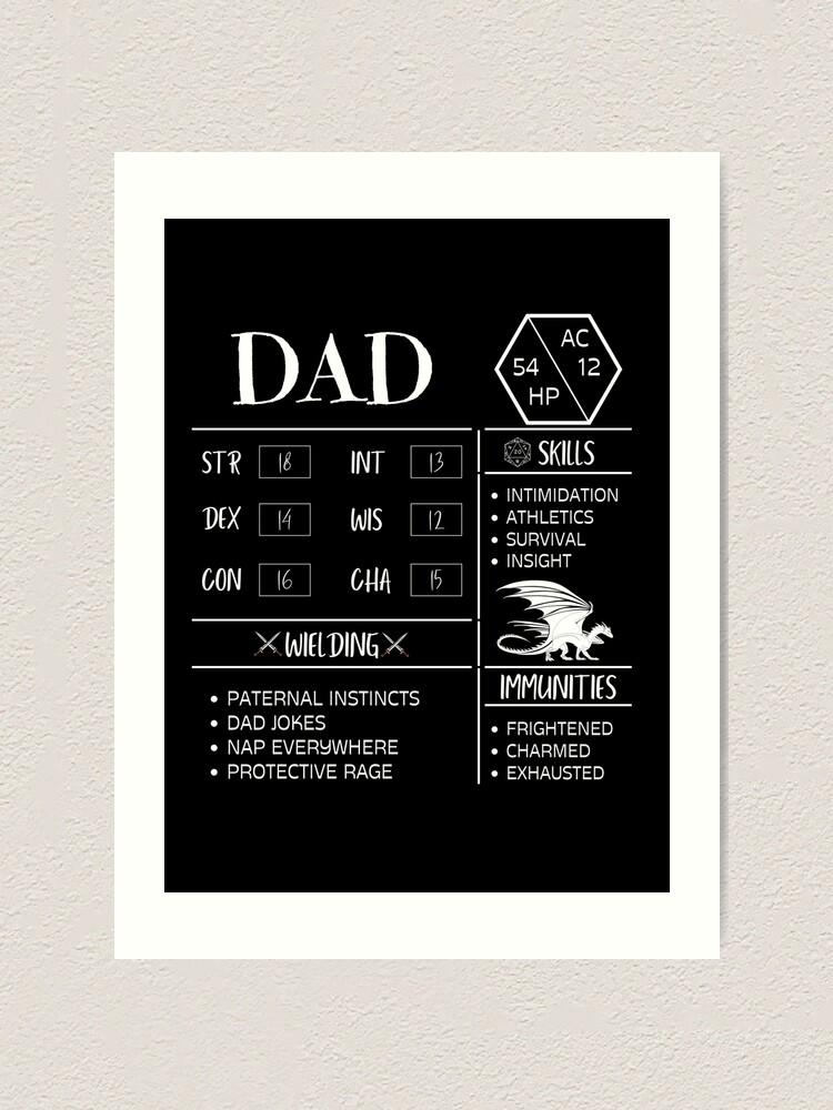 "Dad Character Sheet | Dungeons And Dragons Funny Design" Art Print for ...