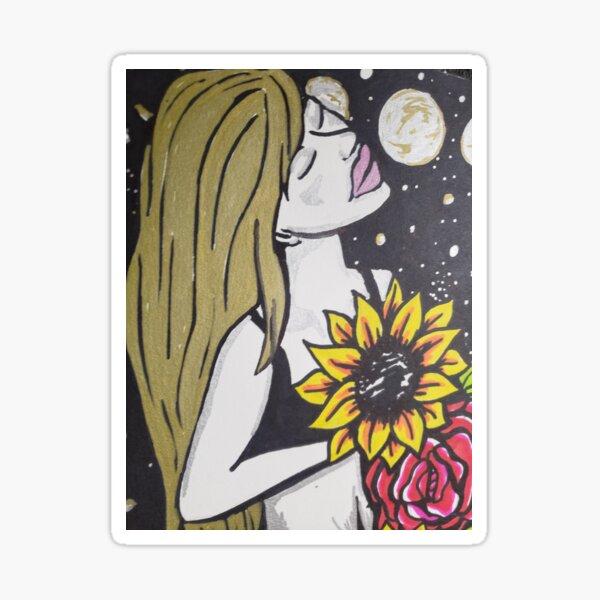 "Woman Moon Bathing in a Field of Sunflowers and Roses" Sticker for ...