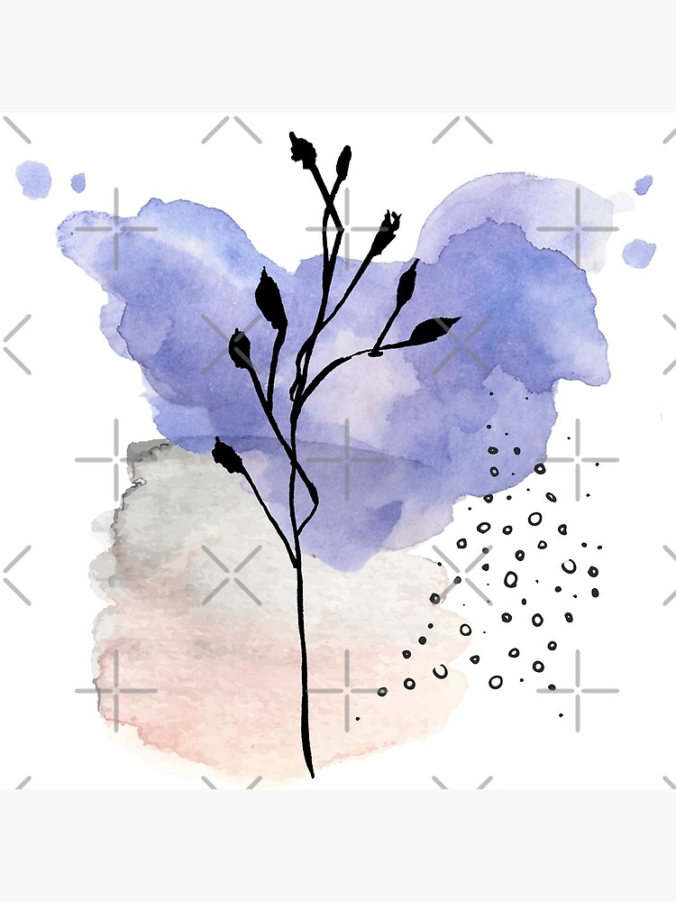 "art boho monoline drawing leaf branch WITH blue background and yellow ...