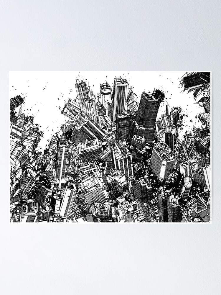 Póster «AKIRA anime en blanco y negro edificio explosión nuclear ...