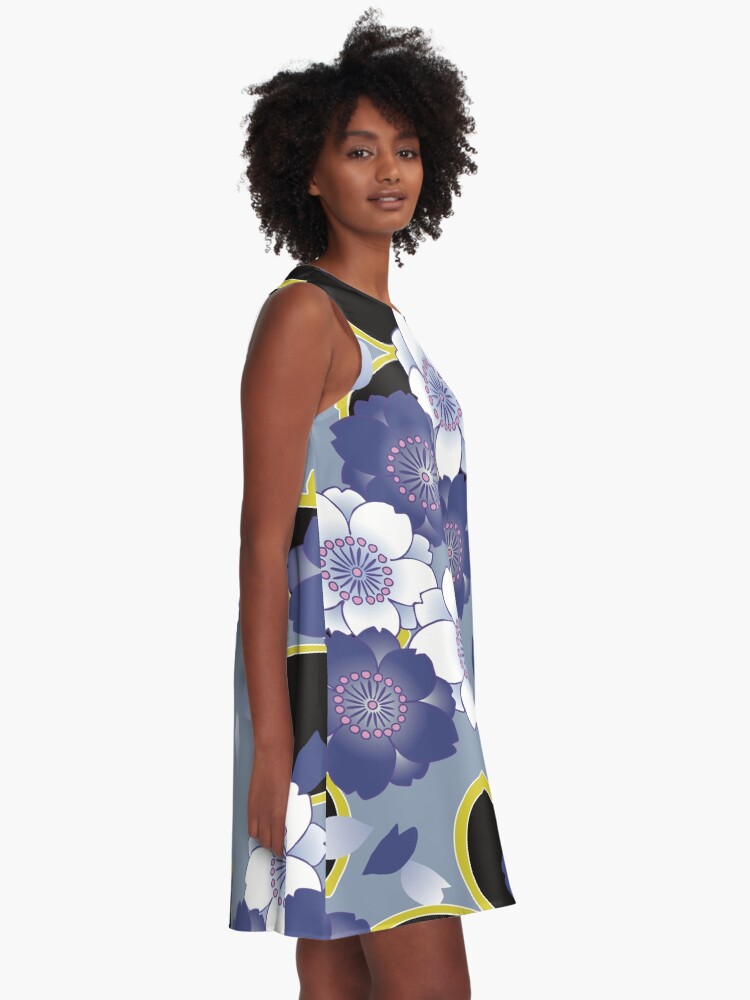 "Purple Blue Floral Japanese Sakura Pattern" A-Line Dress for Sale by Vicky Brago-Mitchell ...