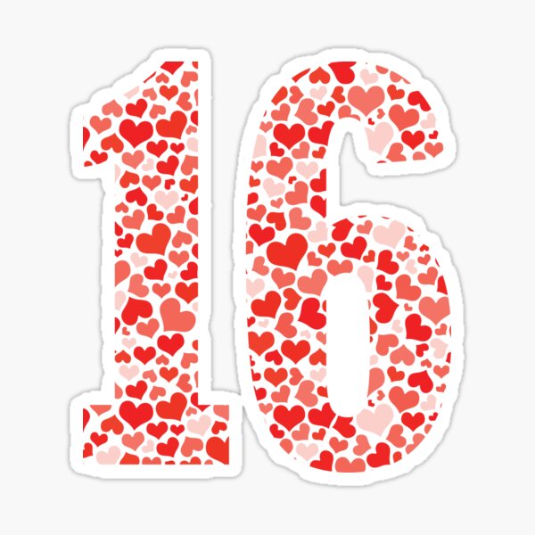 "Number 16 filled with red and pink hearts" Sticker for Sale by ...