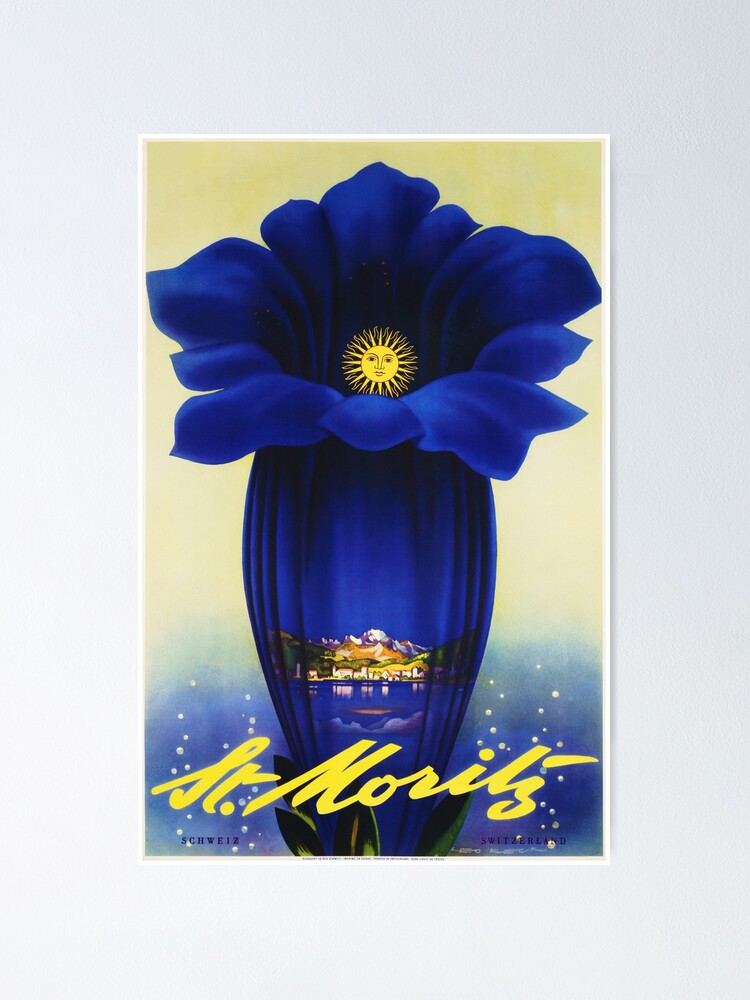 "ST MORITZ SCHWEIZ Blue Trumpet Flower Vintage Tourism Advertisement ...