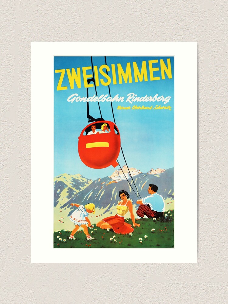 "ZWEISIMMEN Gondelbahn Rinderberg Seilbahn Berner Oberland Schweiz 1960 Vintage Tourismus Poster ...