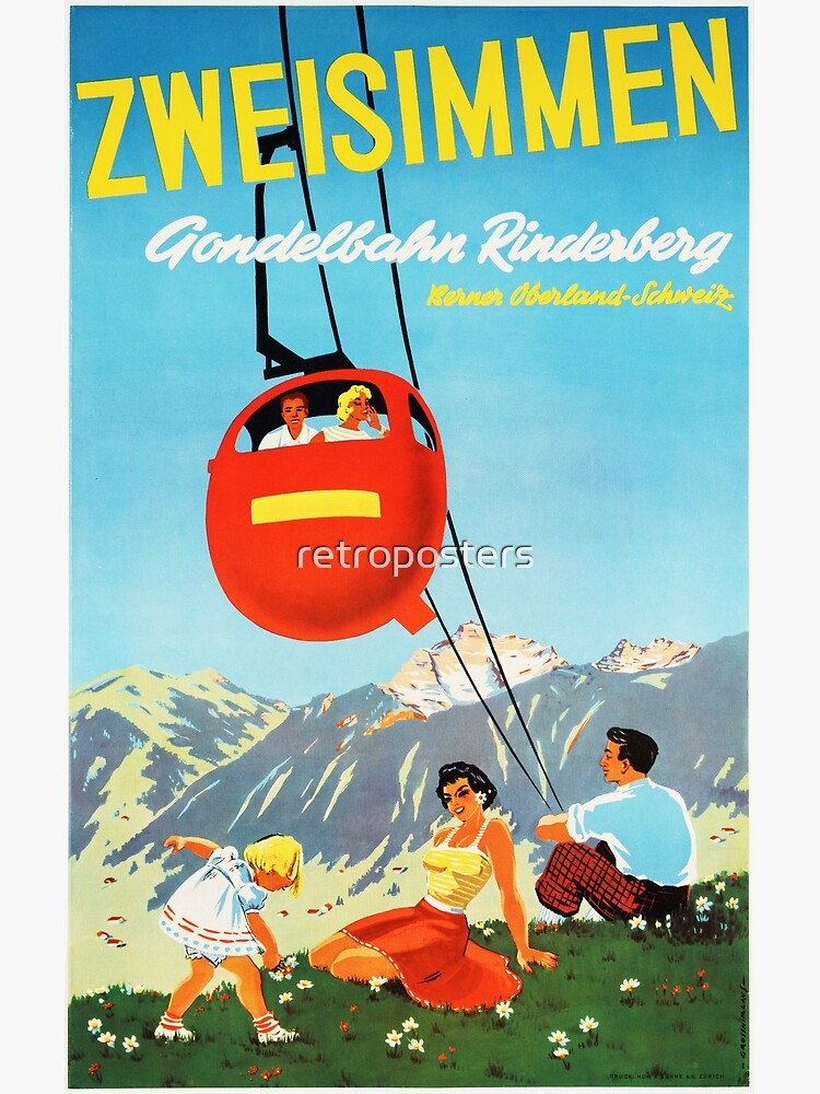 "ZWEISIMMEN Gondelbahn Rinderberg Seilbahn Berner Oberland Schweiz 1960 Vintage Tourismus Poster ...
