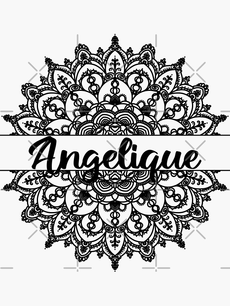"First name Angelique mandala in black" Sticker by felinefeelings ...