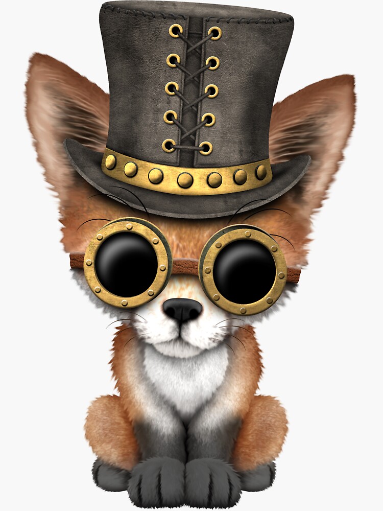 "Steampunk Baby Red Fox on Blue" Sticker by JeffBartels | Redbubble