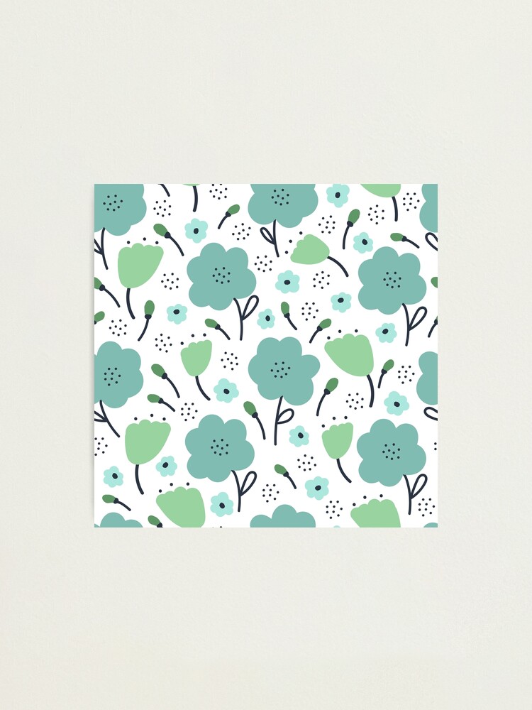 Lámina fotográfica «Patrón de flor doodle azul y verde. Fondo lindo ...