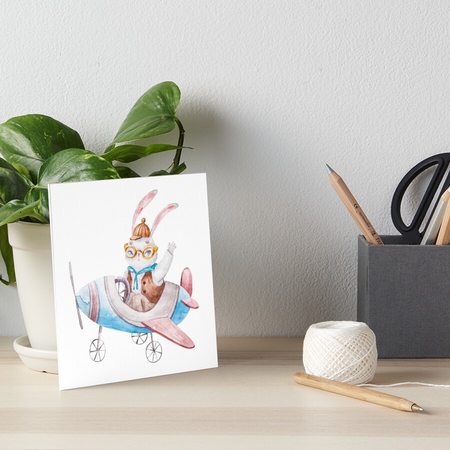 "cute pilot hare flying on an blue airplane, cute watercolor childrens ...