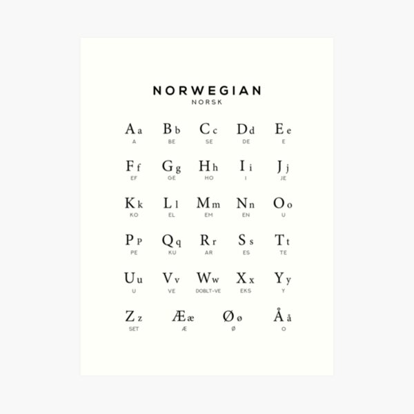 "Norwegian Alphabet Chart, Norway Language Chart, White" Art Print for ...