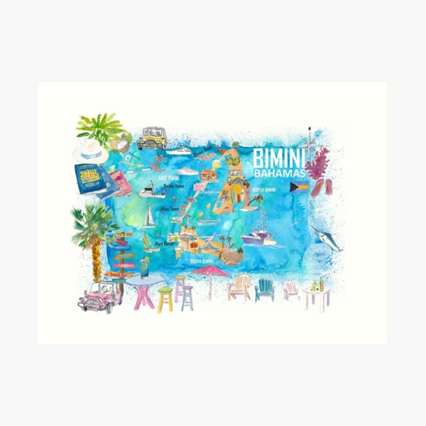 "Bimini Bahamas Illustrated Map with Island Tourist Highlights" Art ...