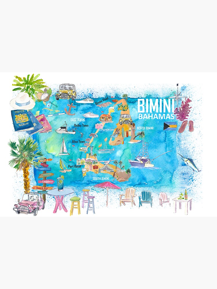 Pegatina «Bimini Bahamas Mapa ilustrado con puntos turísticos ...