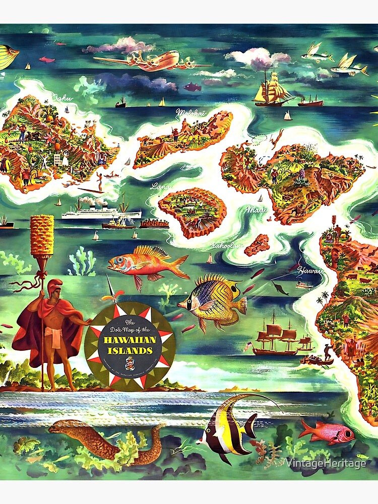 "Beautiful Vintage Hawaii Islands Picture Map 1950. HQ Map. The Dole ...