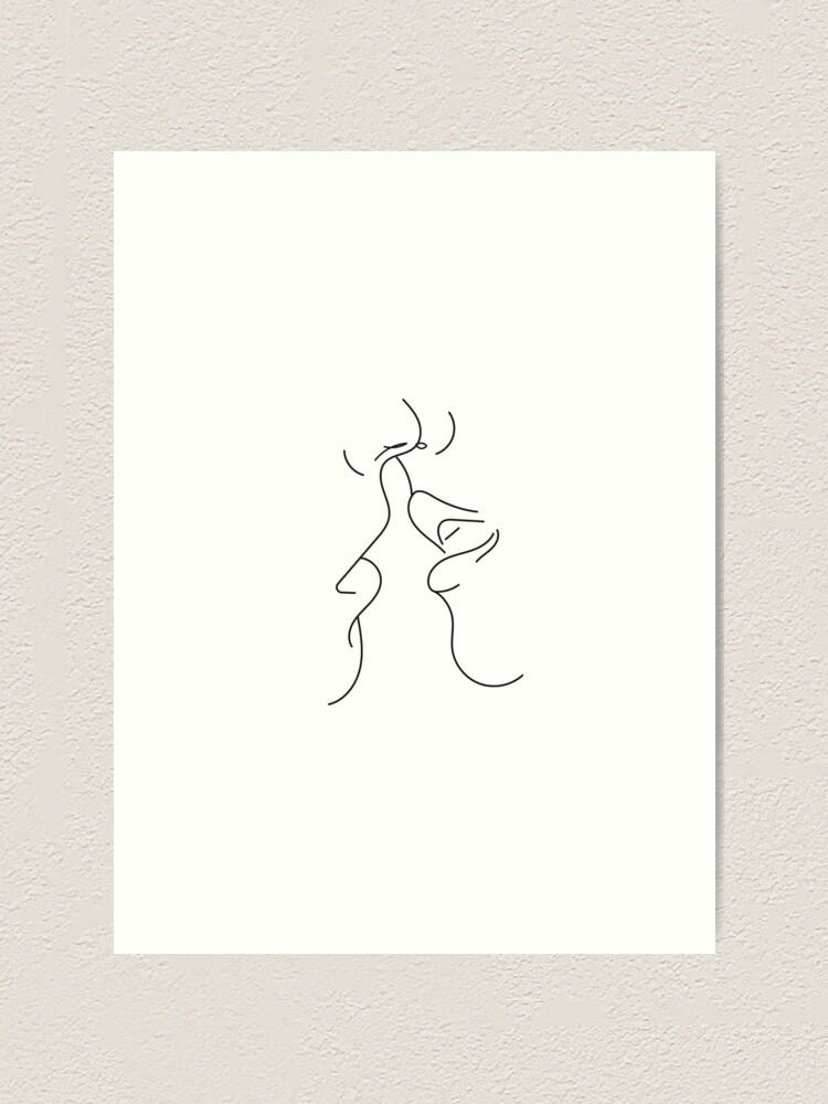 "Abstract man and woman kiss lips by line drawing" Art Print for Sale ...