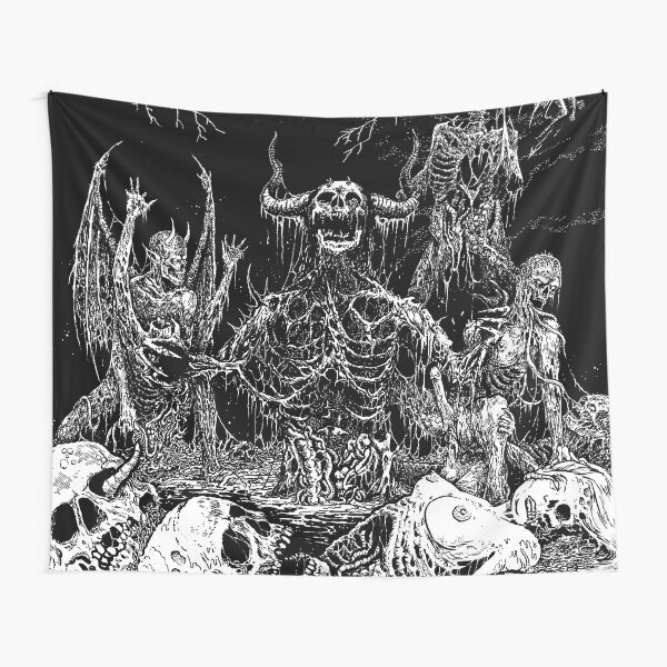 "Death Evil Demon in Hell Skeleton Alive Inferno black white" Tapestry ...