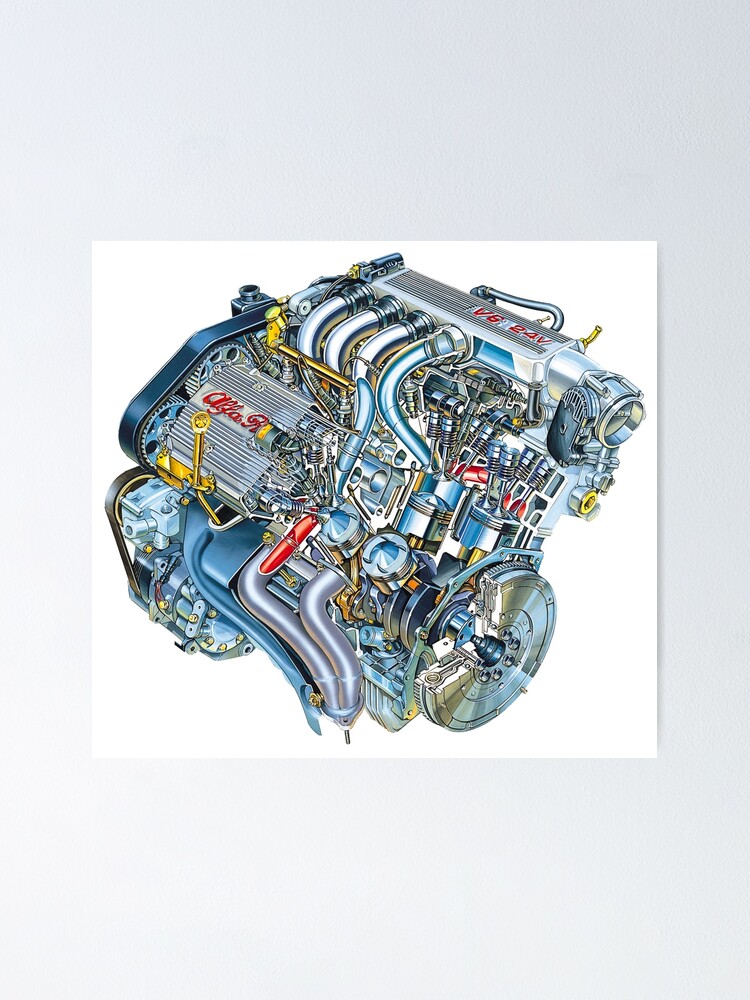 "Beautiful italian engine V6 3.0 24v turbo cutaway drawing" Poster for ...