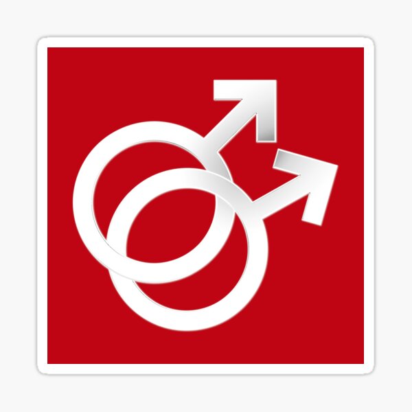 "Two Interlocking Male Symbols (white design - red background)" Sticker ...