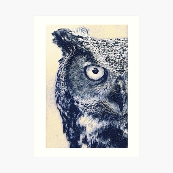 "Ocean Waves Art Portrait Great Horned Owl Bird Face" Art Print for ...