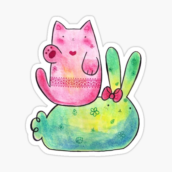 "Pink Cat and Green Bunny" Sticker by SaradaBoru | Redbubble
