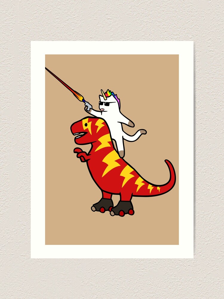 "Unicorn Cat Riding Lightning T-Rex" Art Print by jezkemp | Redbubble