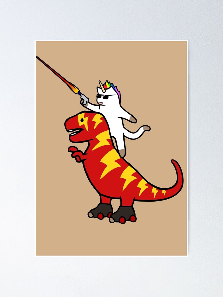 "Unicorn Cat Riding Lightning T-Rex" Poster by jezkemp | Redbubble