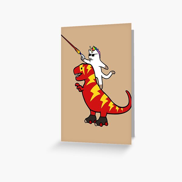"Unicorn Cat Riding Lightning T-Rex" Greeting Card by jezkemp | Redbubble