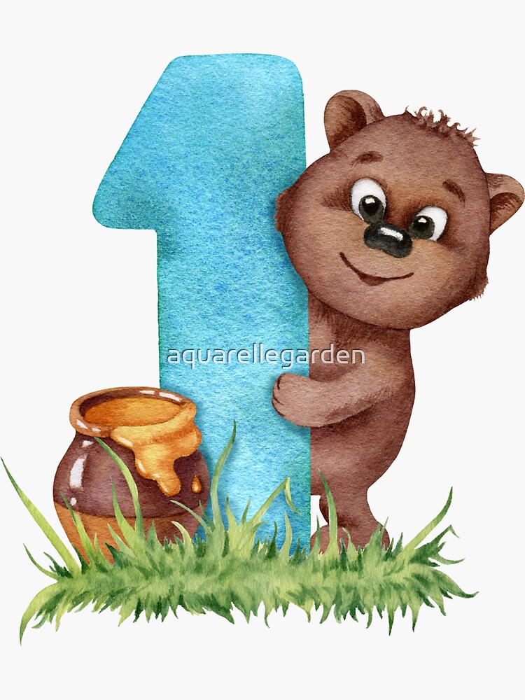 "Baby bear & number one" Sticker for Sale by aquarellegarden | Redbubble