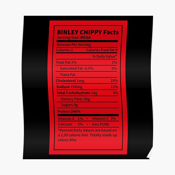 "BINLEY MEGA CHIPPY Nutrition Facts. BINLEY MEGA CHIPPY MEME" Poster ...