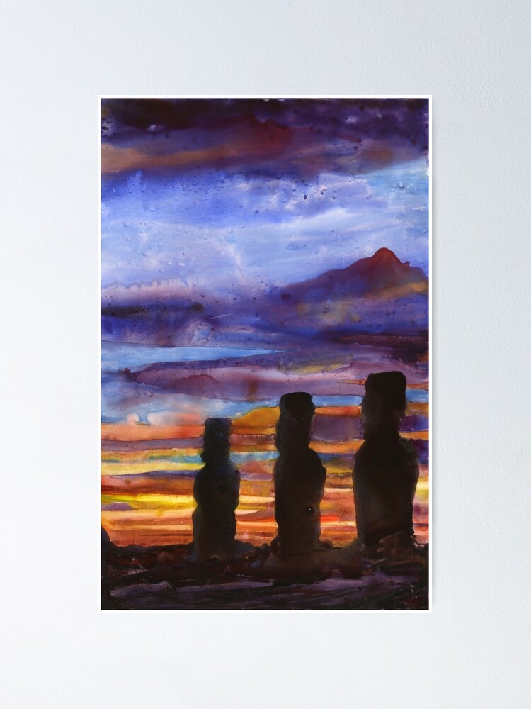 "Watercolor painting of enigmatic moai statues on Easter Island, Chile ...