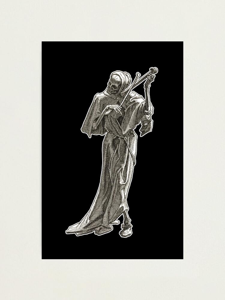 ""Death the Strangler" - Vintage-Holzschnitt des Sensenmanns, der eine ...