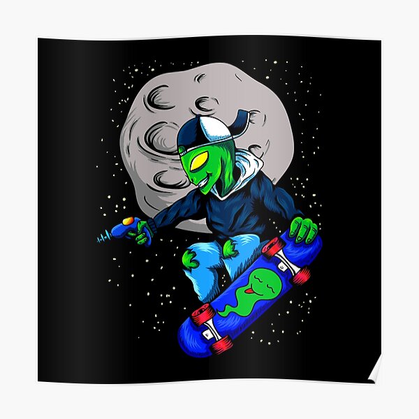 "Green Alien Skateboarder in Space with Moon Planet Asteroid" Poster ...