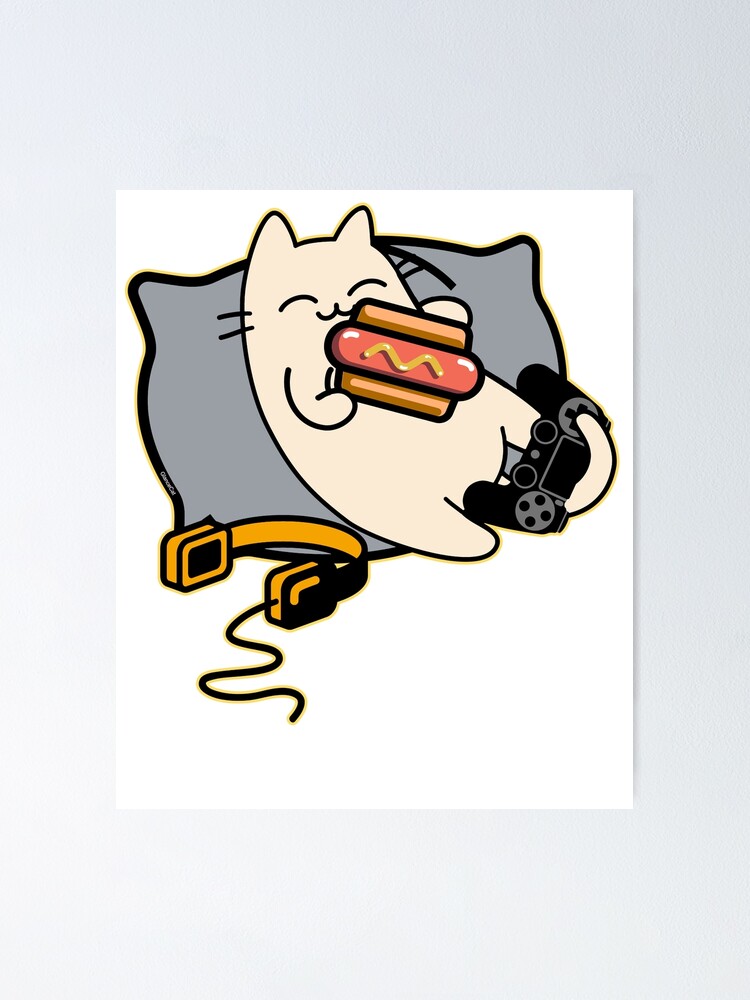 "Happy Gamer cat eating hot dog game loading" Poster for Sale by ...