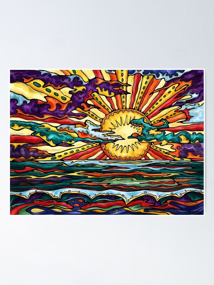 "Golden sunset on ocean, pop art sun painting" Poster for Sale by ...