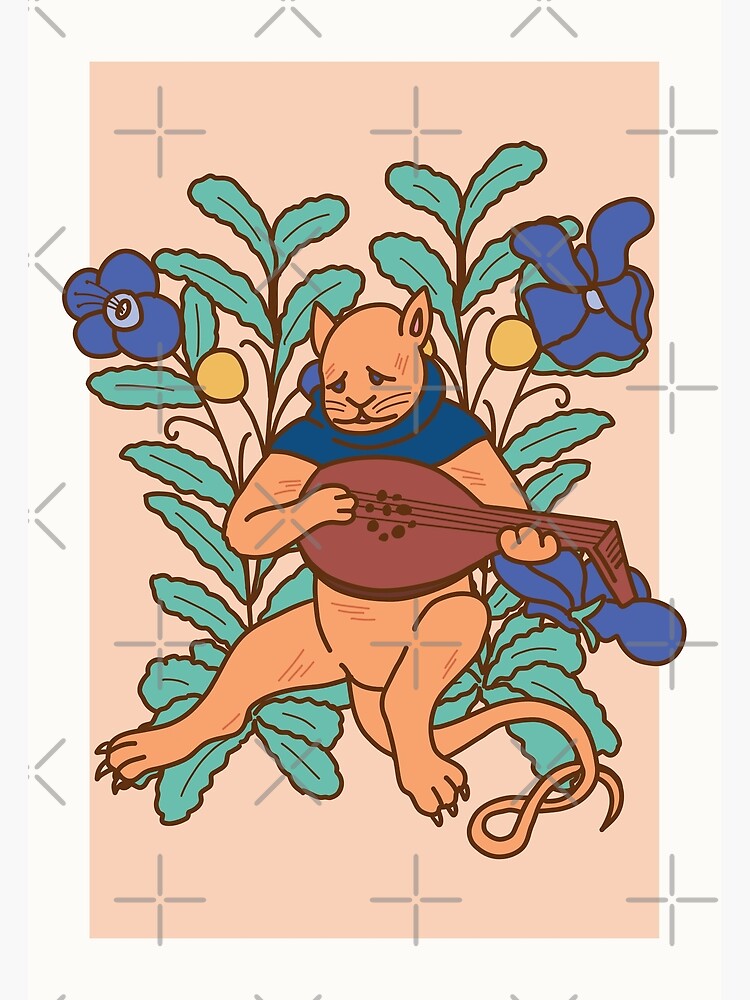 "Cute Sad Medieval Cat with Lute Colorful Drawing" Poster for Sale by ...