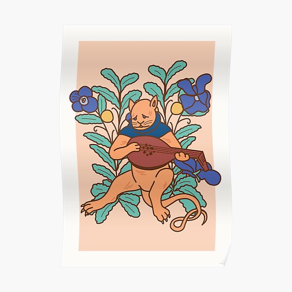 "Cute Sad Medieval Cat with Lute Colorful Drawing" Poster for Sale by ...