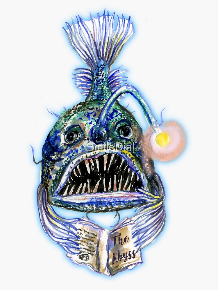 "Angler Fish Reads The Abyss" Sticker by SmileDial | Redbubble
