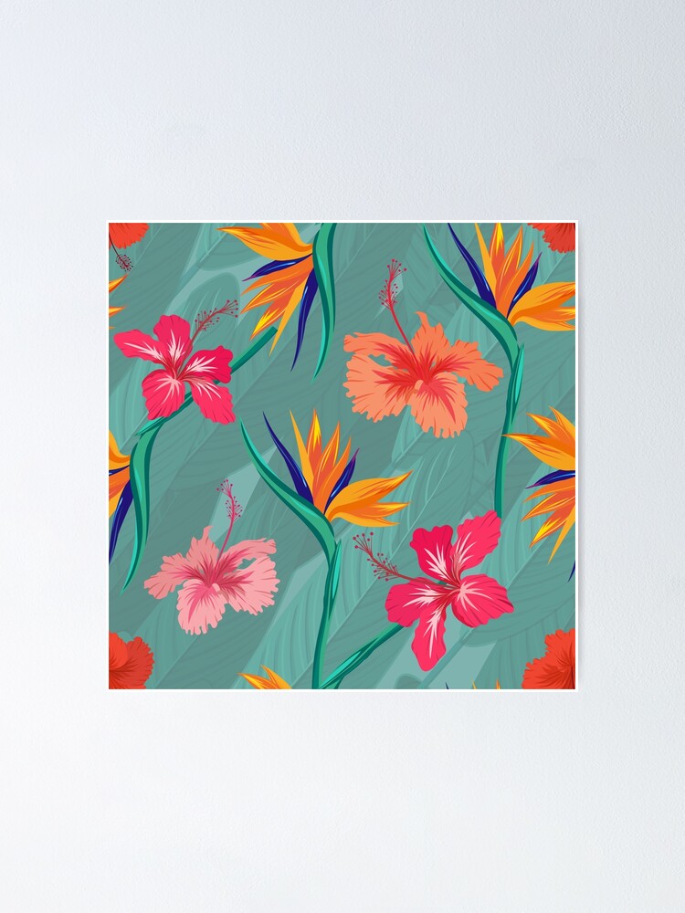 "Hibiscus and Bird of Paradise Tropical Jungle - Jade" Poster for Sale ...