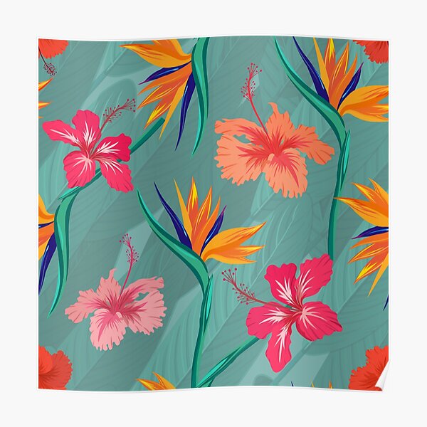 "Hibiscus and Bird of Paradise Tropical Jungle - Jade" Poster for Sale ...
