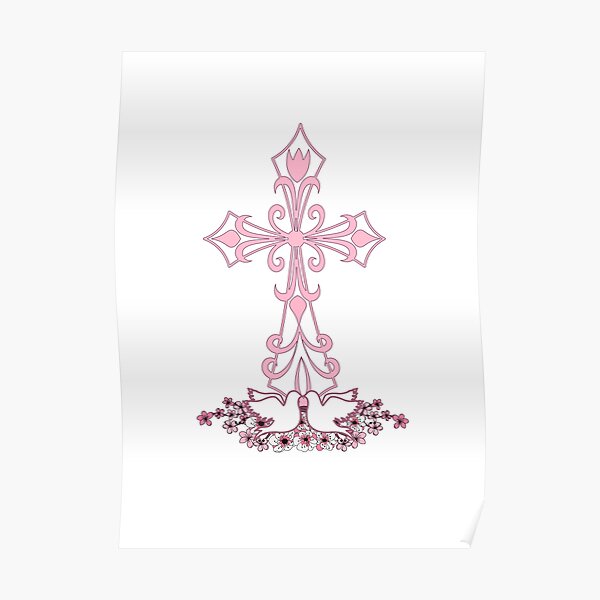 "Pink Cross design with flowers and doves" Poster for Sale by mbuz90 ...