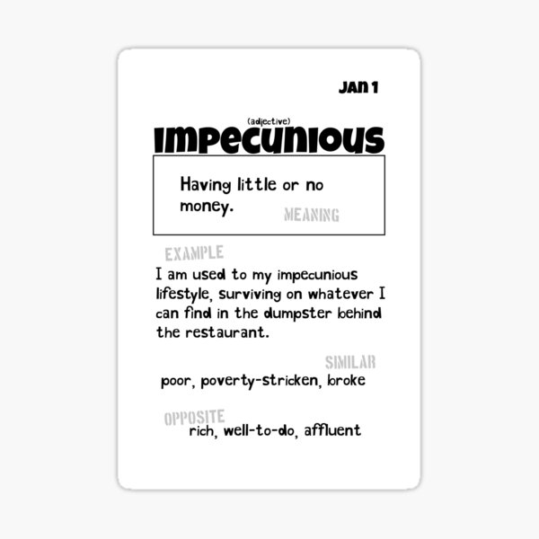 "January 1 Impecunious" Sticker for Sale by bpatrickvoice | Redbubble